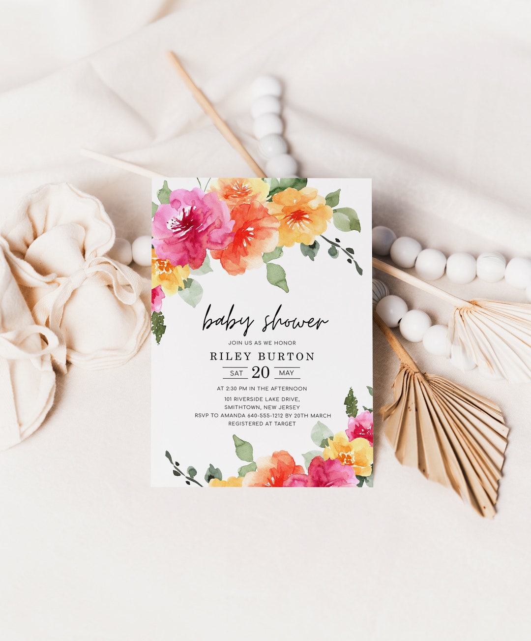 SARAI Peach Pink Yellow Floral Baby Shower Invitation Template ...