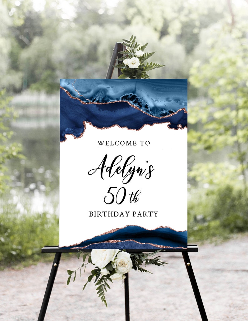 Navy Blue Birthday Welcome Sign Marble 50th Birthday Decor - Etsy