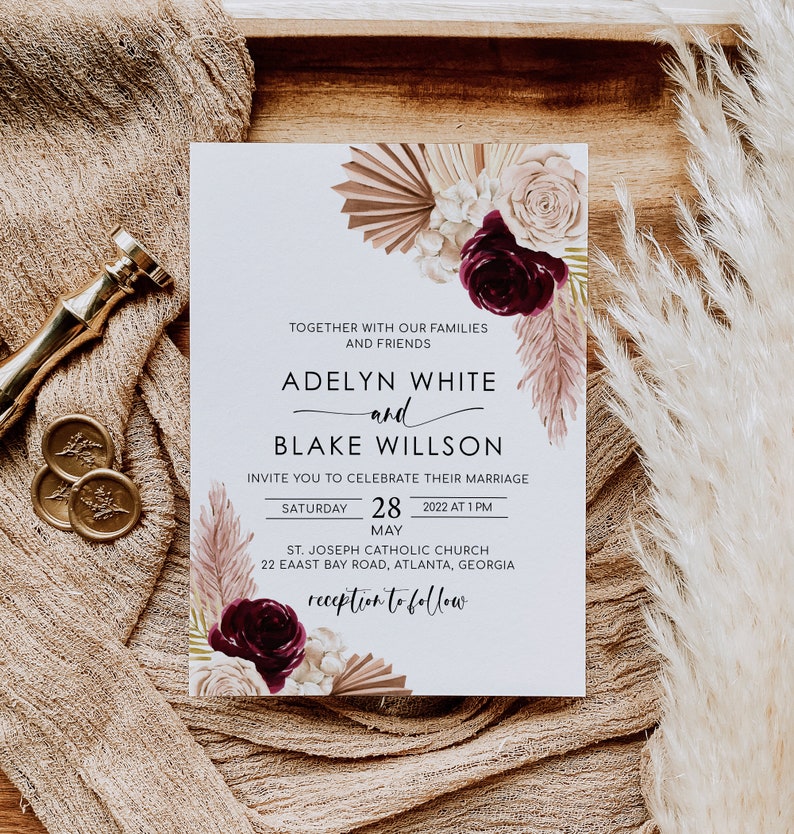 Burgundy Wedding Invitation Template Printable Red & Beige - Etsy