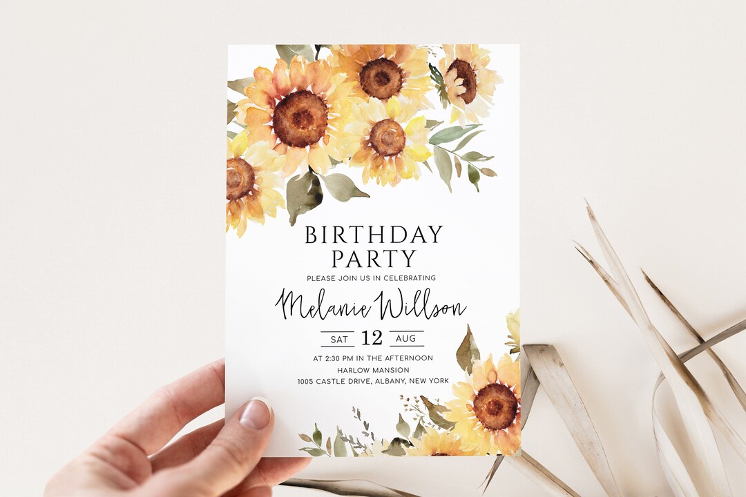 Sunflower Birthday Party Invitation, Rustic Yellow Summer Fall Flowers ...