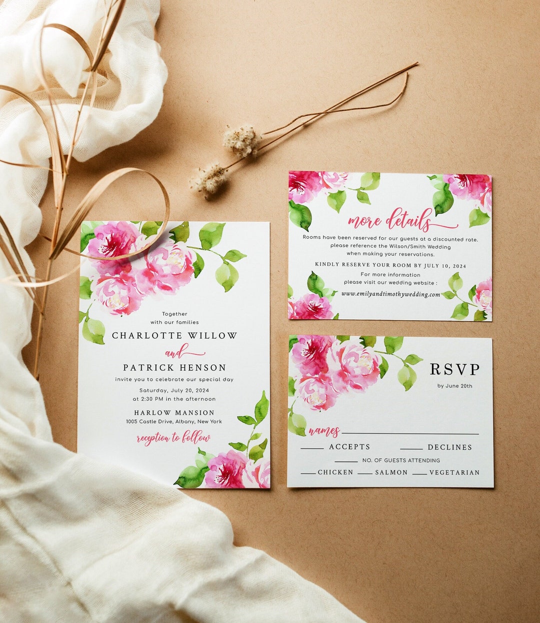 ETTA Hot Pink Floral Wedding Invitation Template, Bright Blush ...