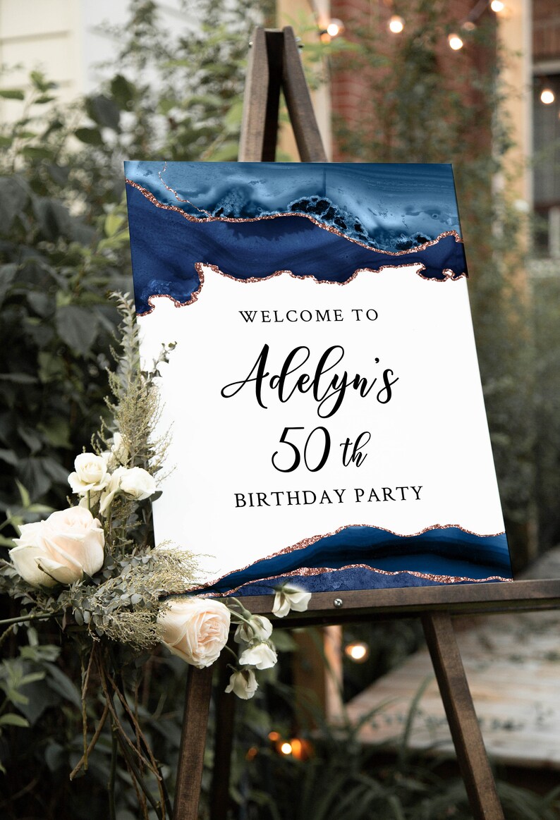 Navy Blue Birthday Welcome Sign Marble 50th Birthday Decor - Etsy