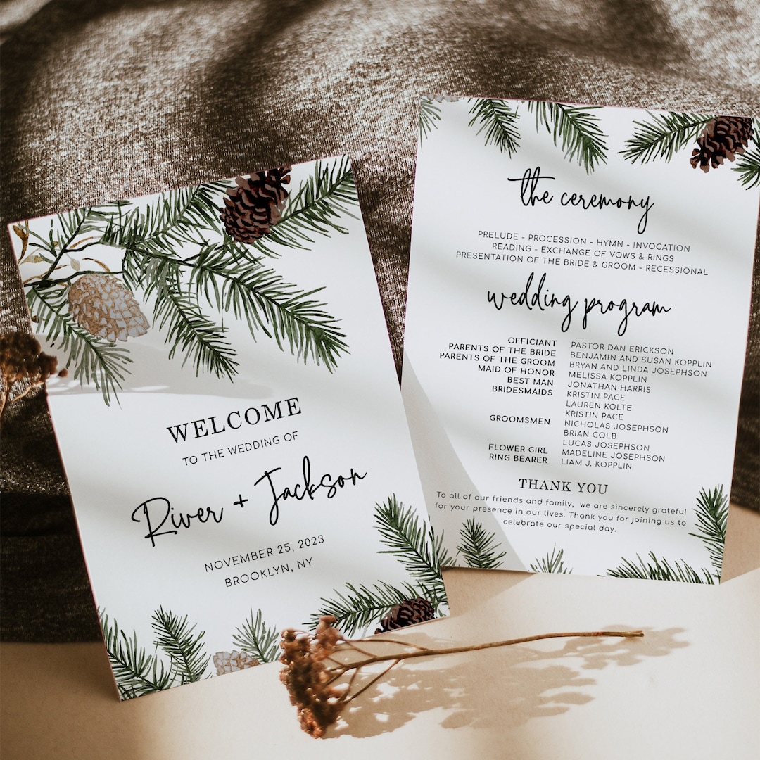 RIVER Pine Trees Wedding Program Template, Winter Forest Ceremony Program Wedding Décor ...