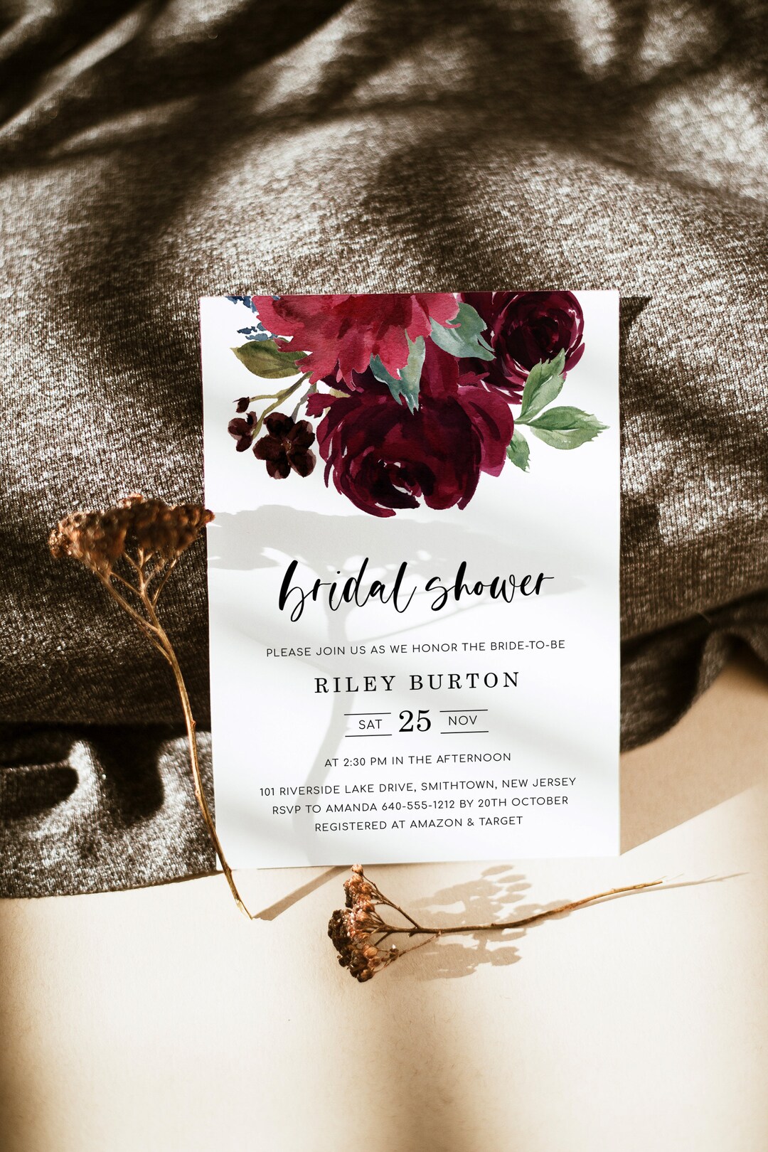 AILA Burgundy Red Floral Bridal Shower Invitation Template, Summer Fall ...