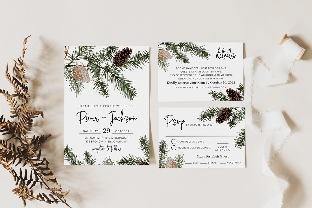 Pine Tree Wedding Invitation Set Template, Printable Forest Wedding ...