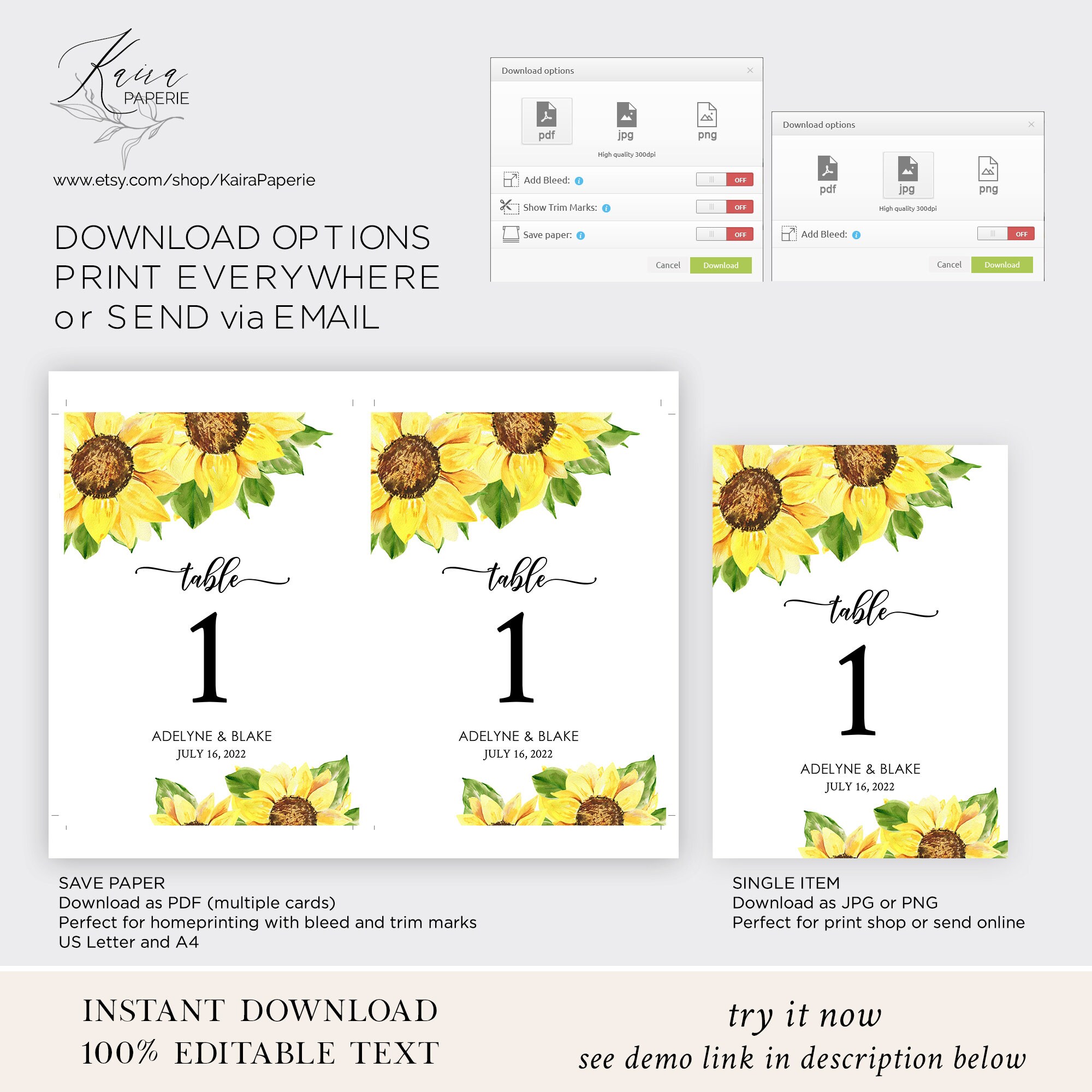 Sunflowers Table Numbers Template Printable Table | Etsy
