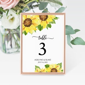 Sunflowers Table Numbers Template, Printable Table Decorations, Wedding ...