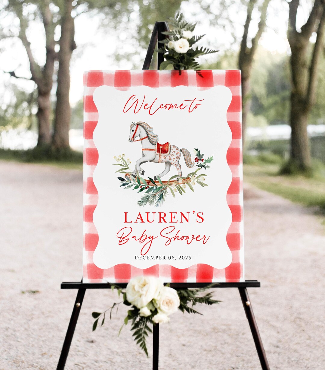 Christmas Rocking Horse Baby Shower Welcome Poster Editable Winter Red ...