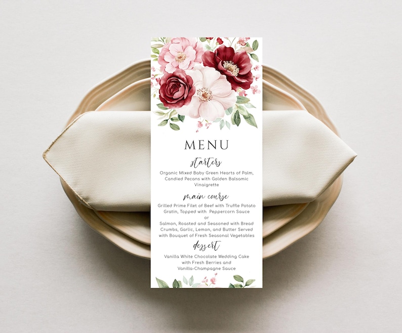 Pink & Red Floral Menu Template, Wedding Menu, Editable Garden Cocktail ...