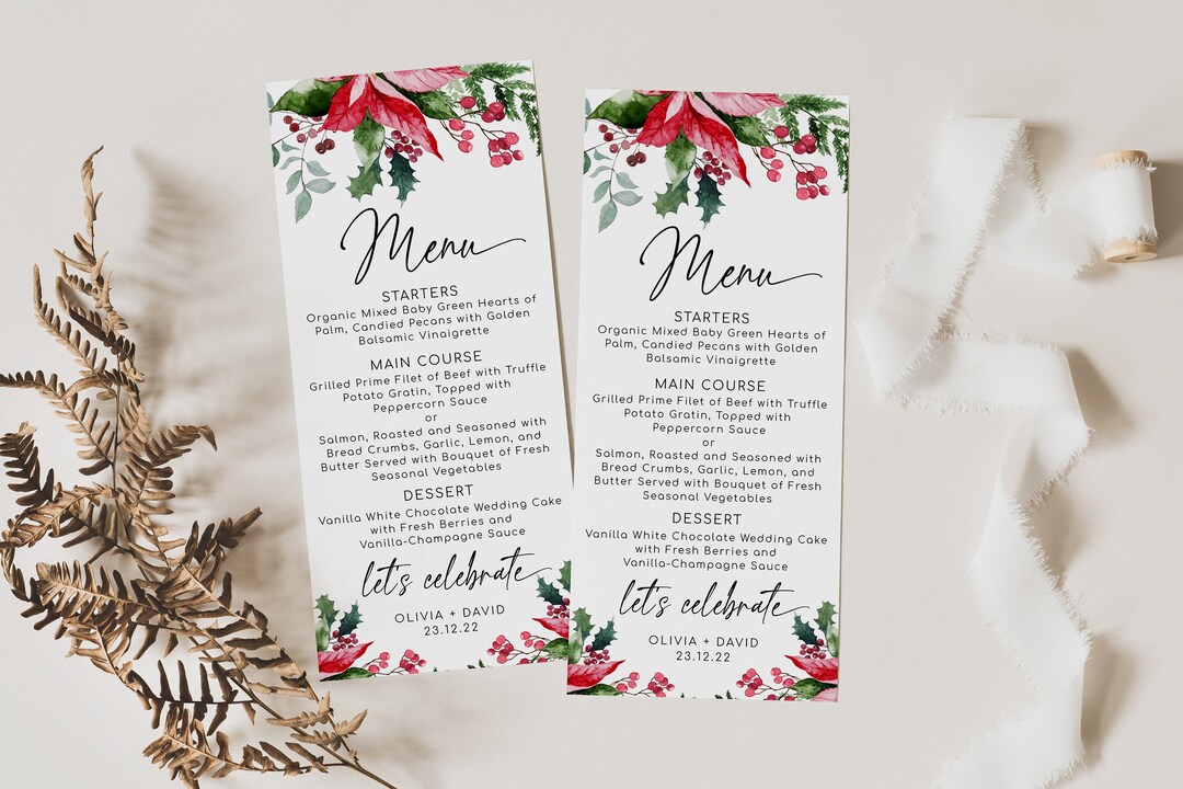 Christmas Red Wedding Menu Template, Printable Winter Menu Card, 5x7 ...