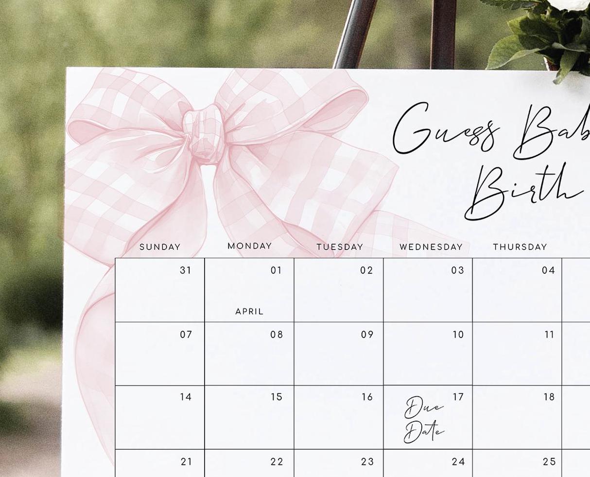 AURORA Pink Gingham Bow Due Date Calendar Sign Template, Girl Baby ...