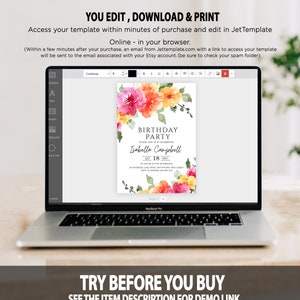 Peach Pink Yellow Floral Birthday Party Invitation, Colorful Spring ...