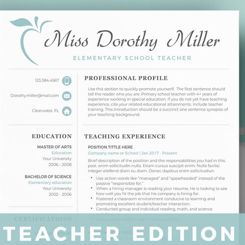 Teacher Resume Template for Word & Pages Apple Resume | Etsy