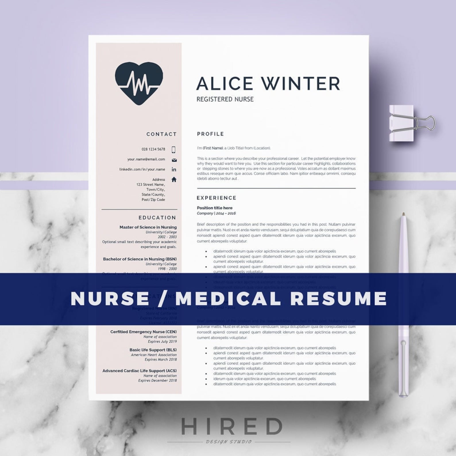 RN Nurse Resume Template for Word & Pages | Professional Resume + Cover ...