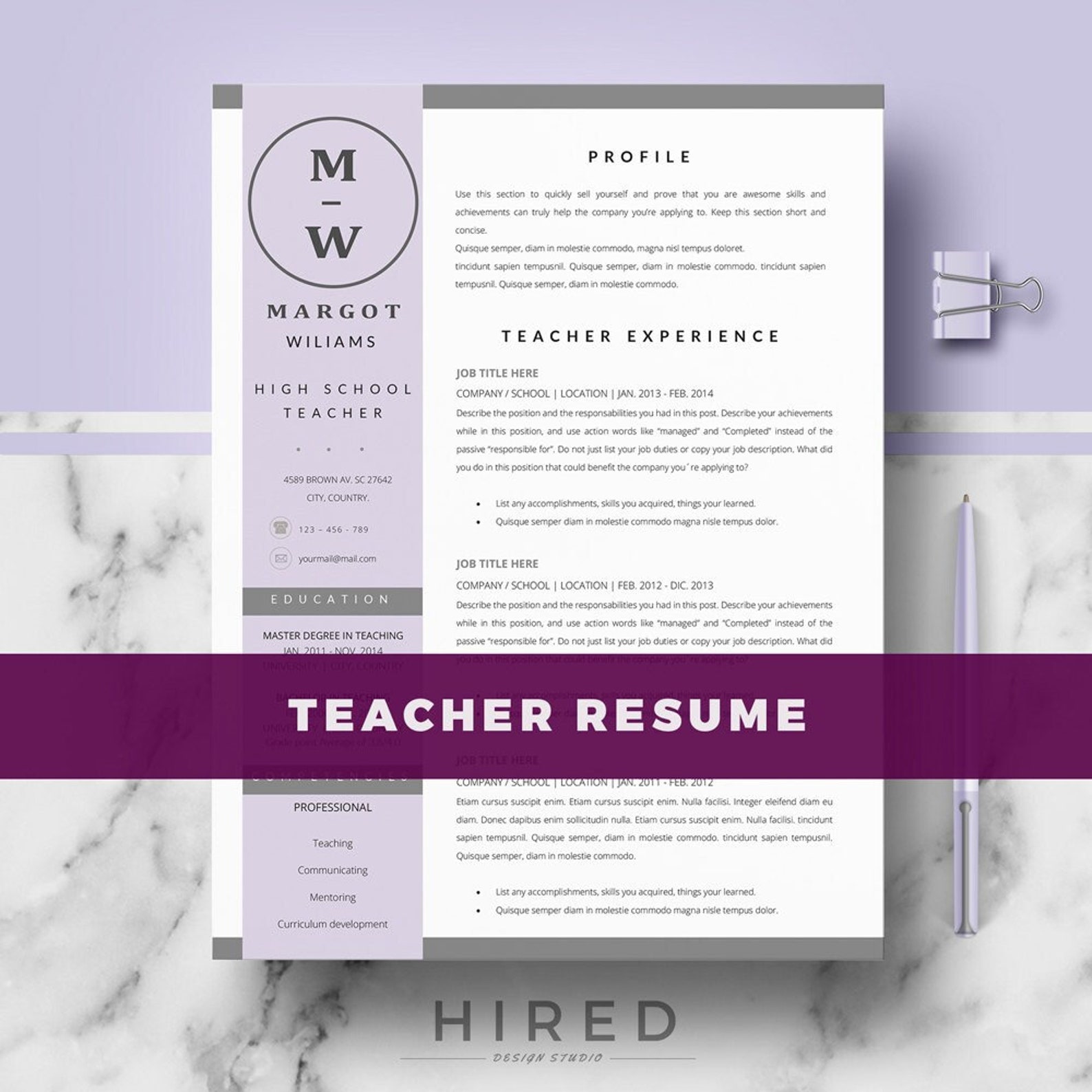 Teacher Resume Template; CV Template for Pages & MS Word | Education ...