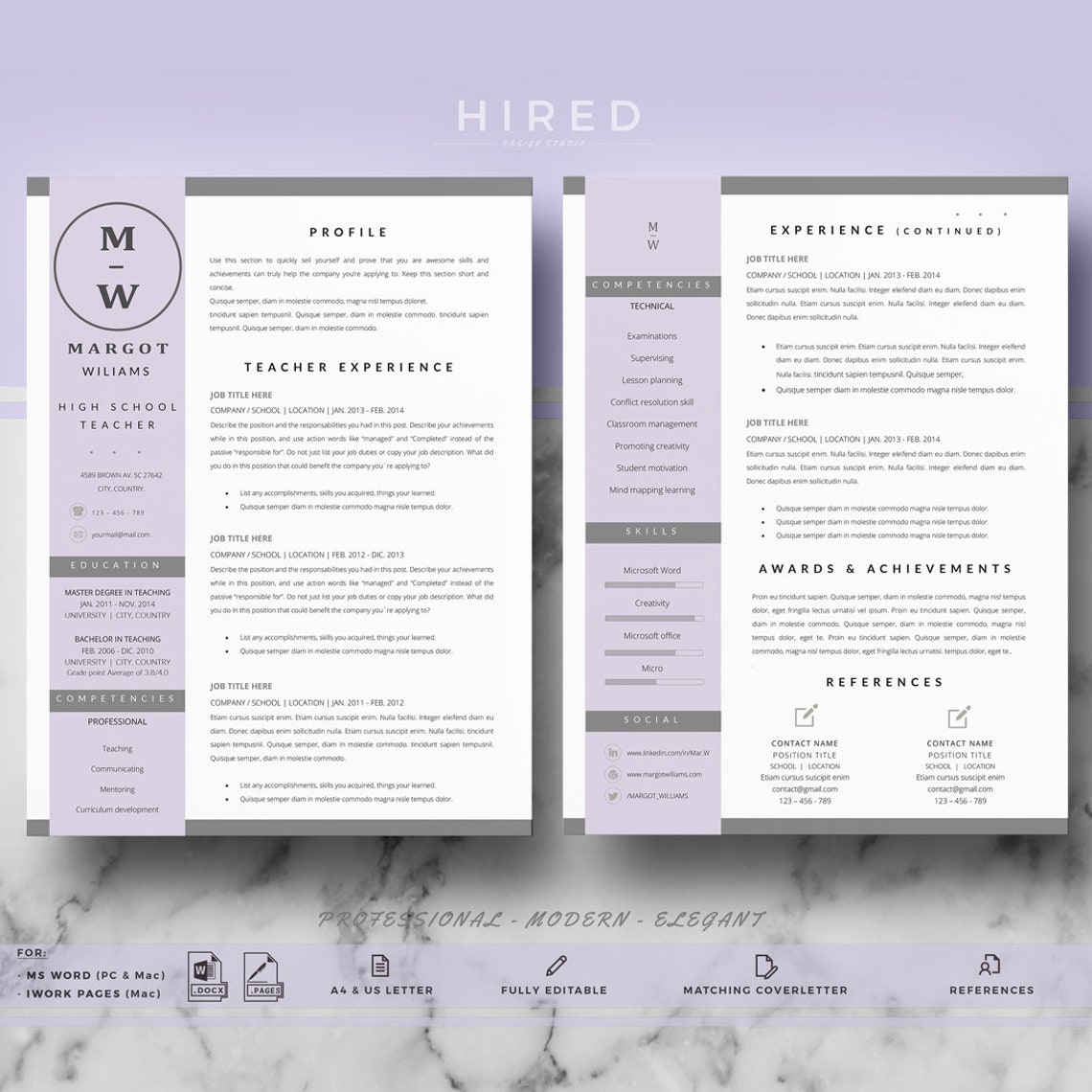 Teacher Resume Template CV Template for Pages & MS Word Education ...