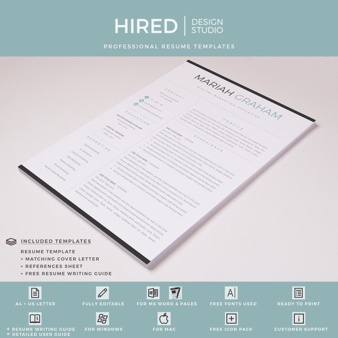 Professional Resume Template for Word & Pages, Modern Resume CV ...