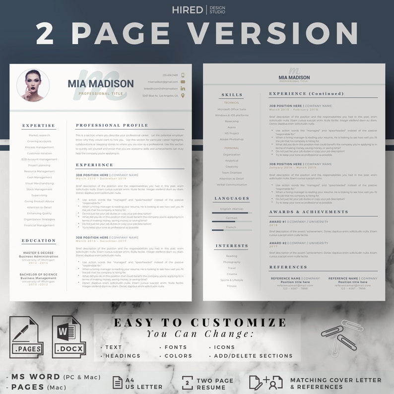 Simple and Clean Resume Template With Photo for Word & Pages Creative ...