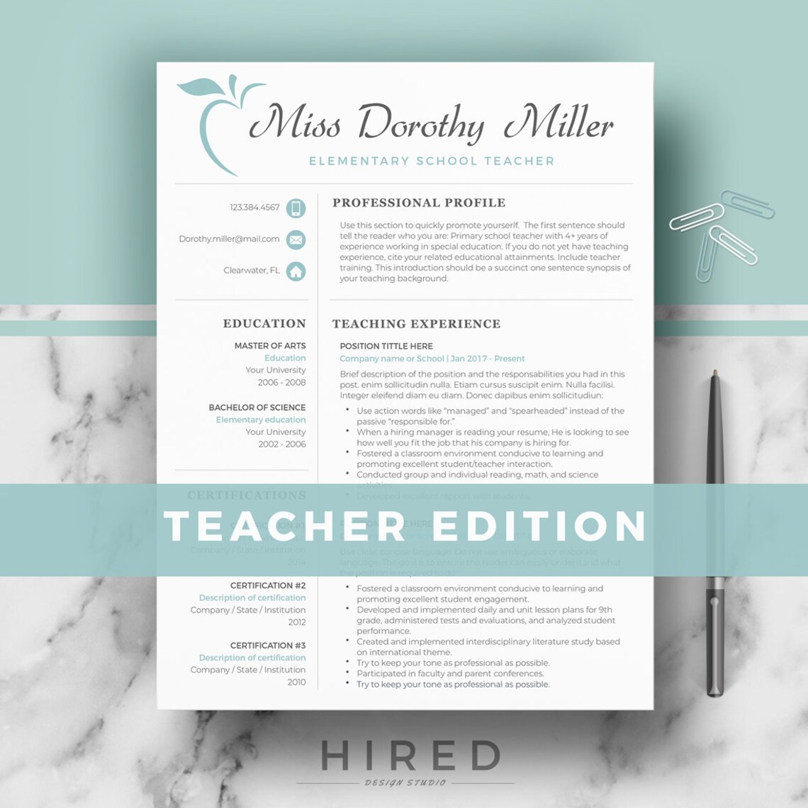 Teacher Resume Template for Word & Pages Education Resume | Etsy