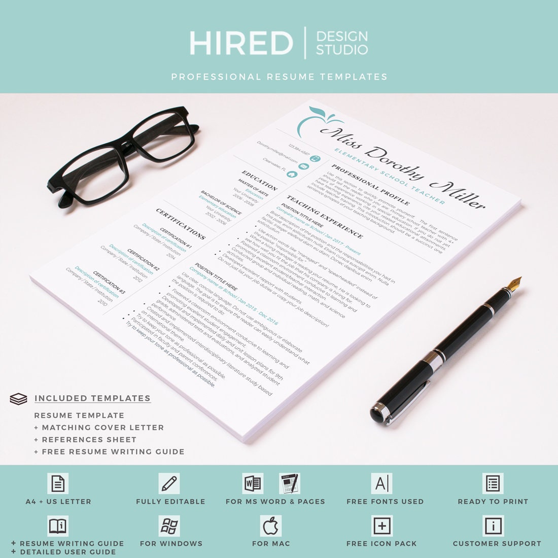 Teacher Resume Template for Word & Pages; Education Resume Format ...