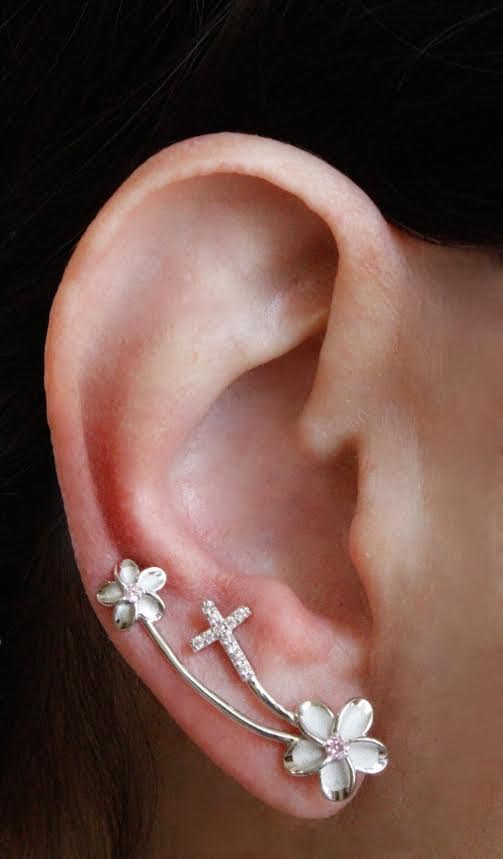 Cross Plumeria Flower Ear Climber/ear Crawlers Sterling Silver With ...