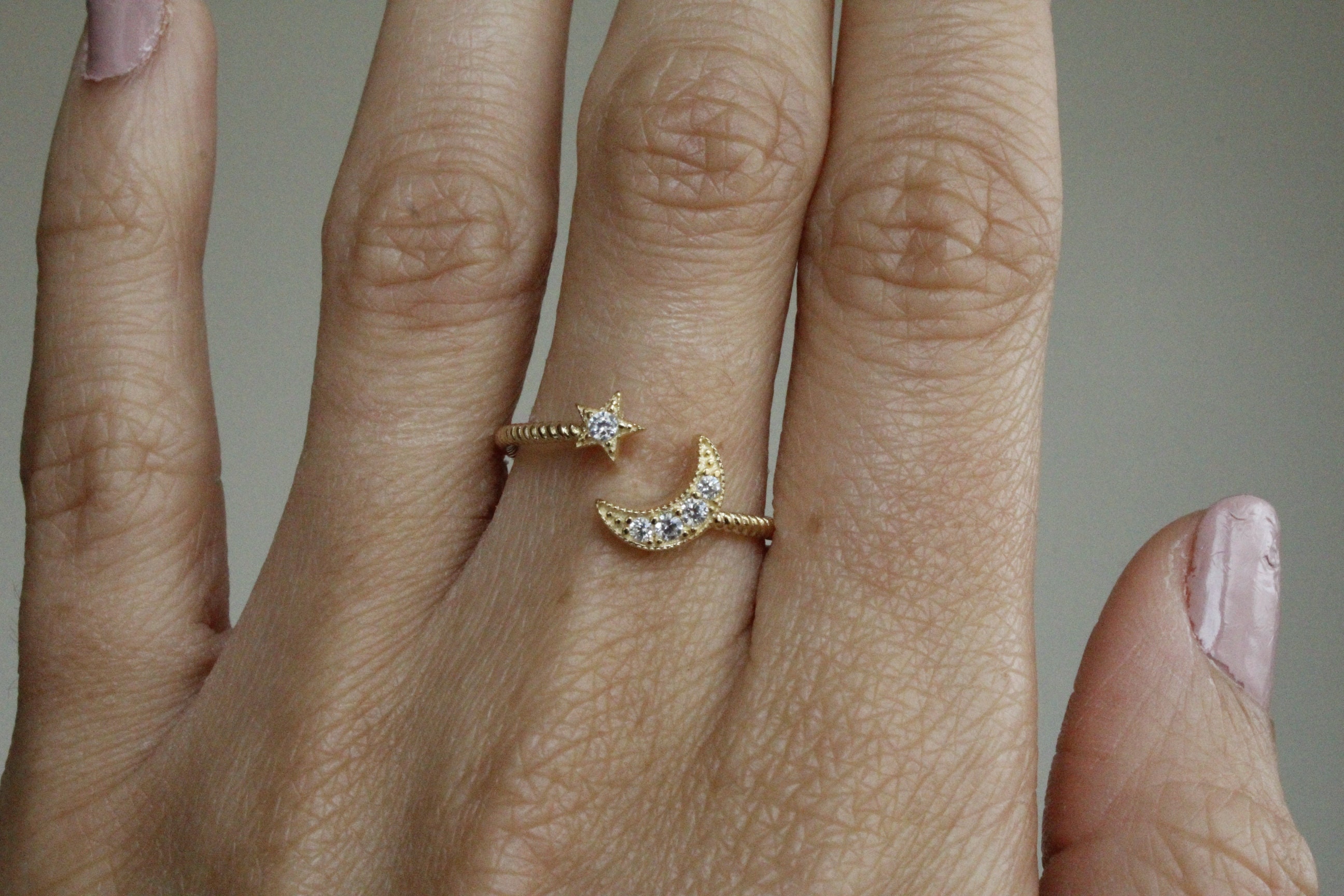 Moon and Star Sterling Silver Adjustable Ring With Cubic - Etsy