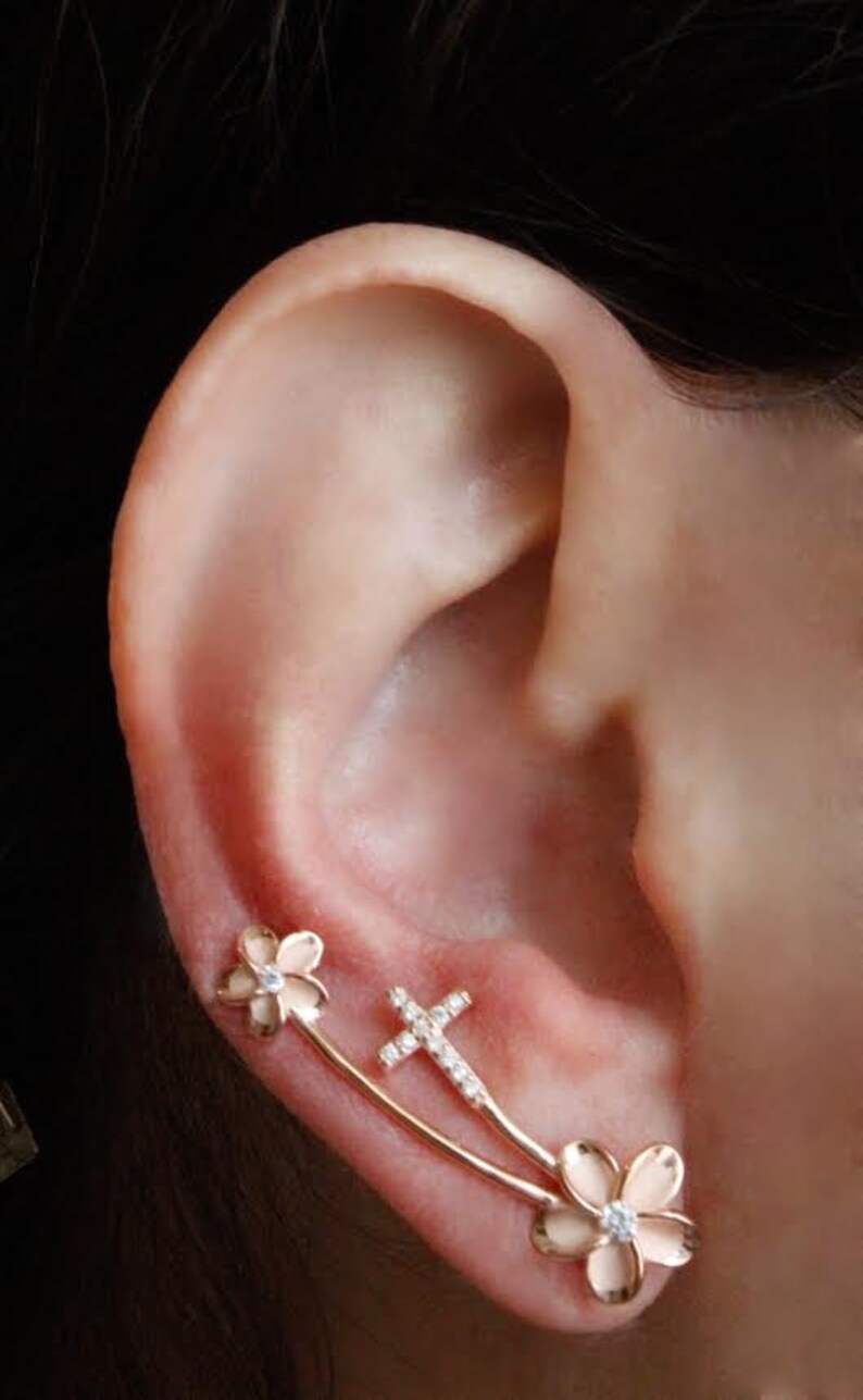 Cross Plumeria Flower Ear Climber/ear Crawlers Sterling Silver With ...