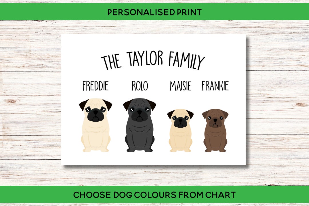 Pug Family Print | Custom Dog Family Print | Personalised Pug Picture ...