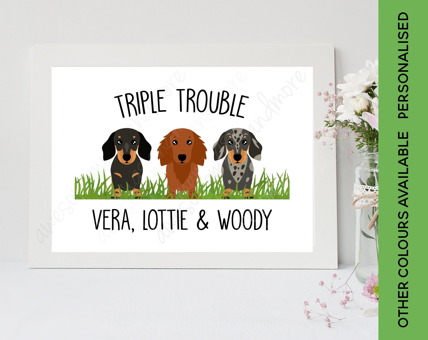 Triple Trouble Dachshund Print Custom 3 Dog Print | Etsy