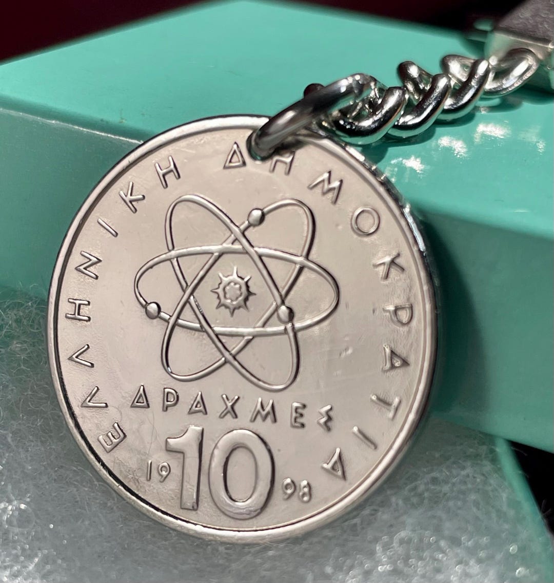 Democritus & Atomic Model Coin Keyrings – Genuine Greek 10 Drachmai ...