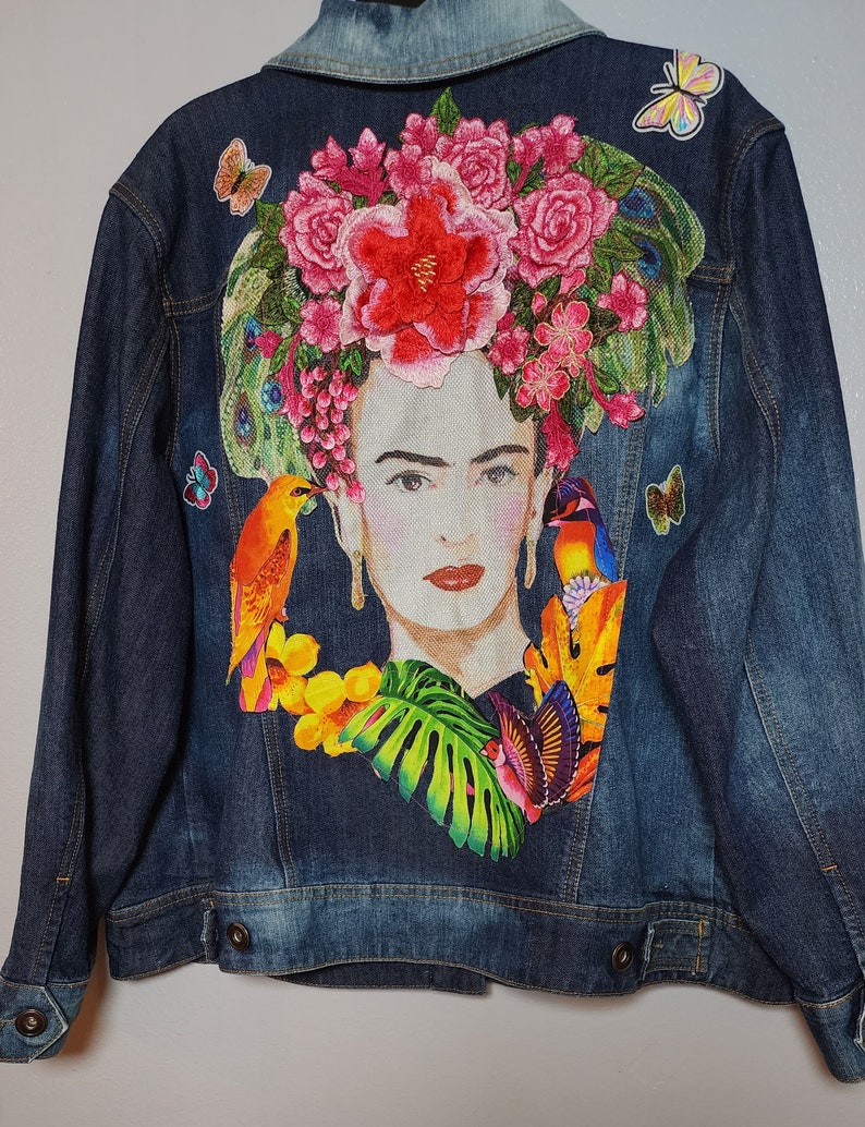 Unique Plus Size Denim Jacket Frida Kahlo Handcrafted One-of-a-kind Fabric Patchwork Upcycled ...