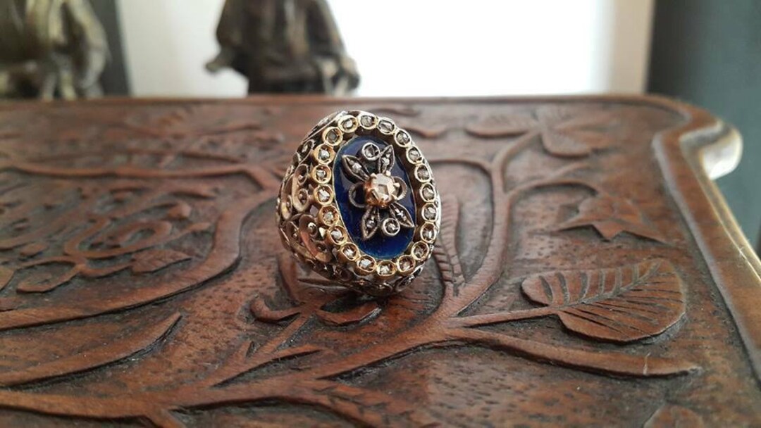Antique ,1800 Georgian Era , 18k Gold Rose Cut Diamond Blue Enamel Ring ...