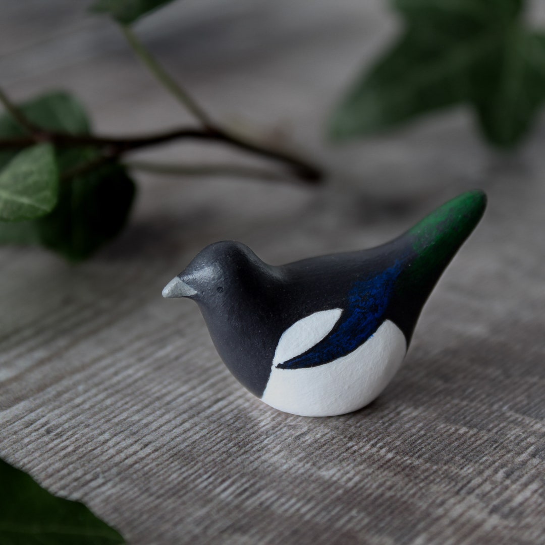 Tiny Magpie Miniature Sculpture - Hand Painted Clay Figurine - Animal ...