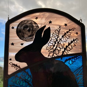 Stained Glass Hare in a Field of Bluebells. Moon and Stars. Arch Shaped ...