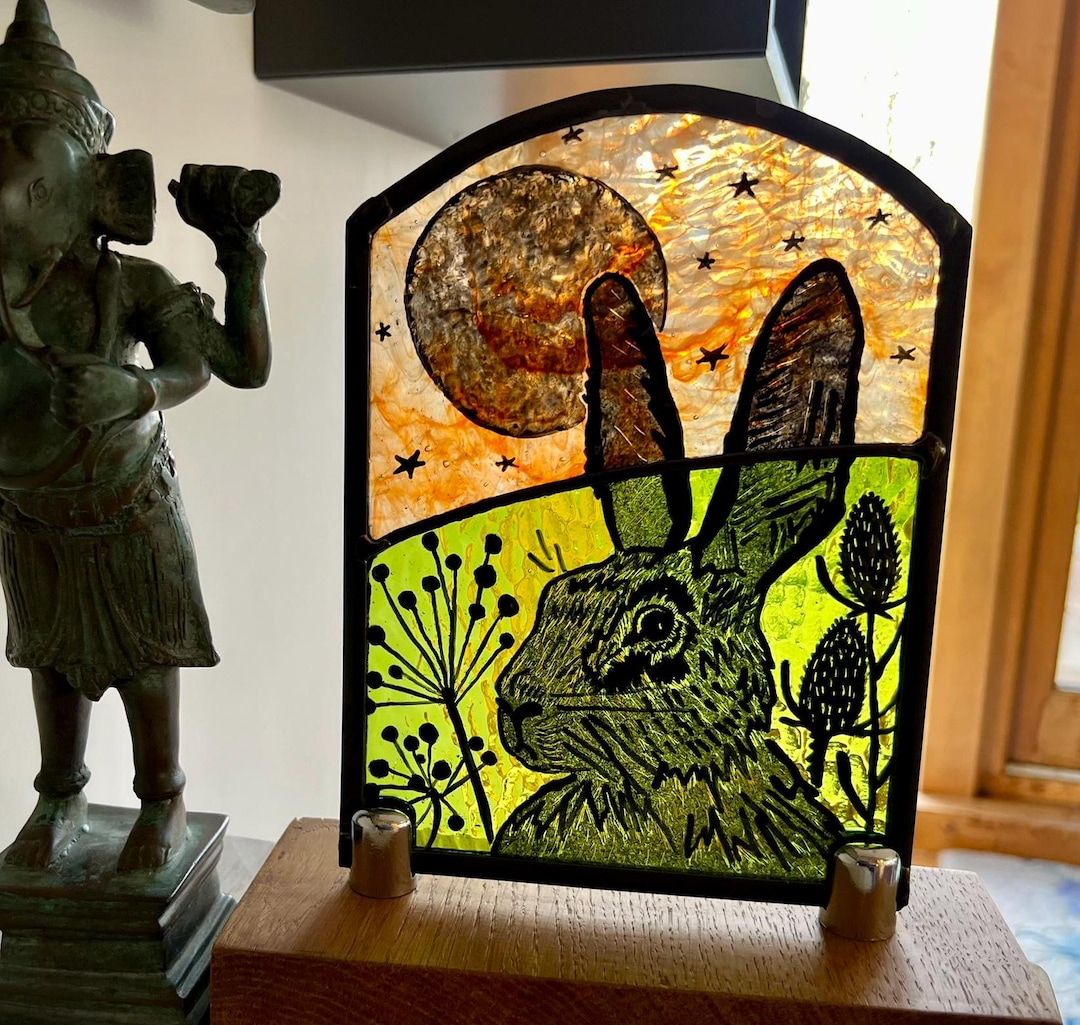 Painted Stained Glass Hare With Cow Parsley and Teasels. Streaky Glass ...