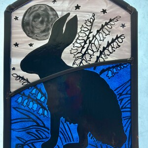 Stained Glass Hare in a Field of Bluebells. Moon and Stars. Arch Shaped ...