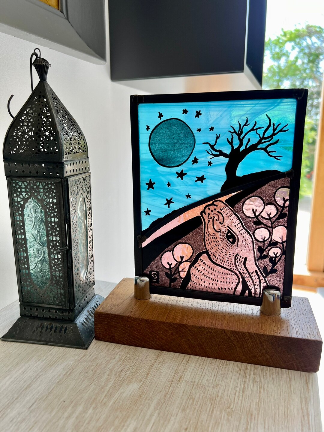 Stained Glass Moongazing Hare With Flowers and Winter Trees. Moon ...