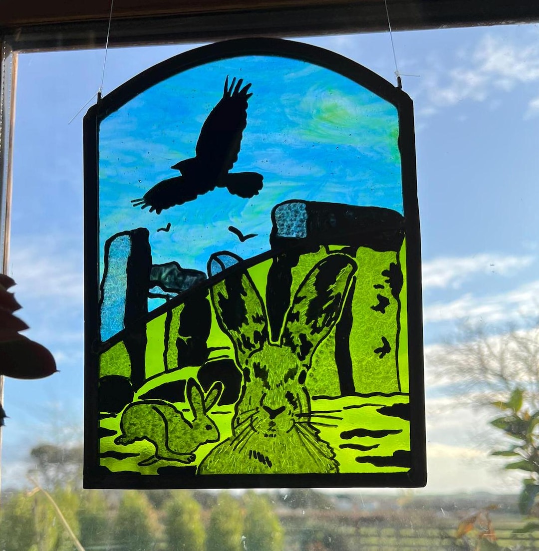 Stained Glass Hares With Crow in Flight at Stonehenge. Wiltshire View ...