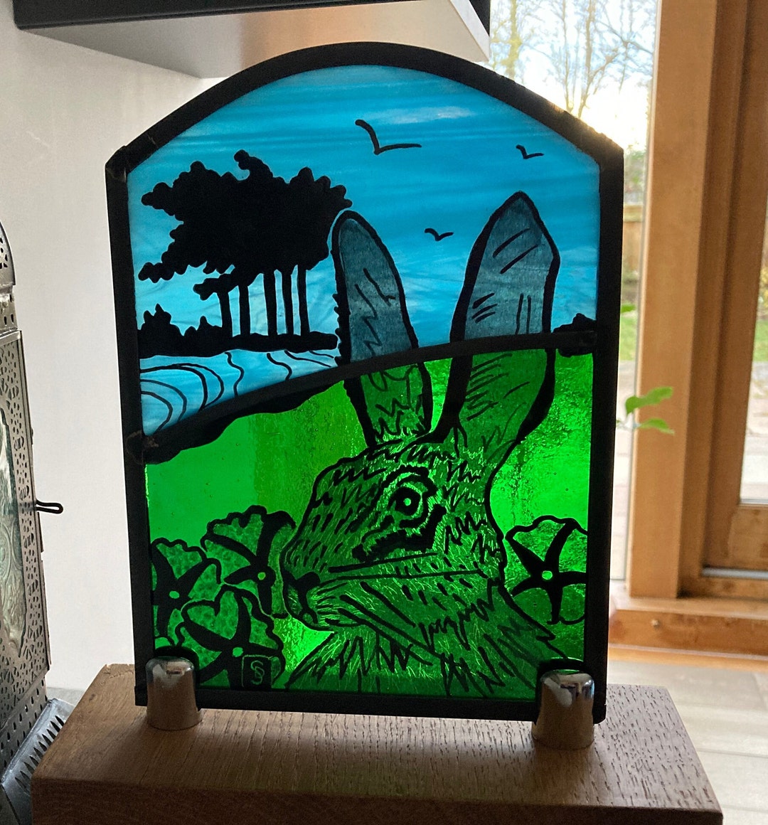 Stained Glass Hare With Convolvulus and Summer Trees. Blue Streaky ...