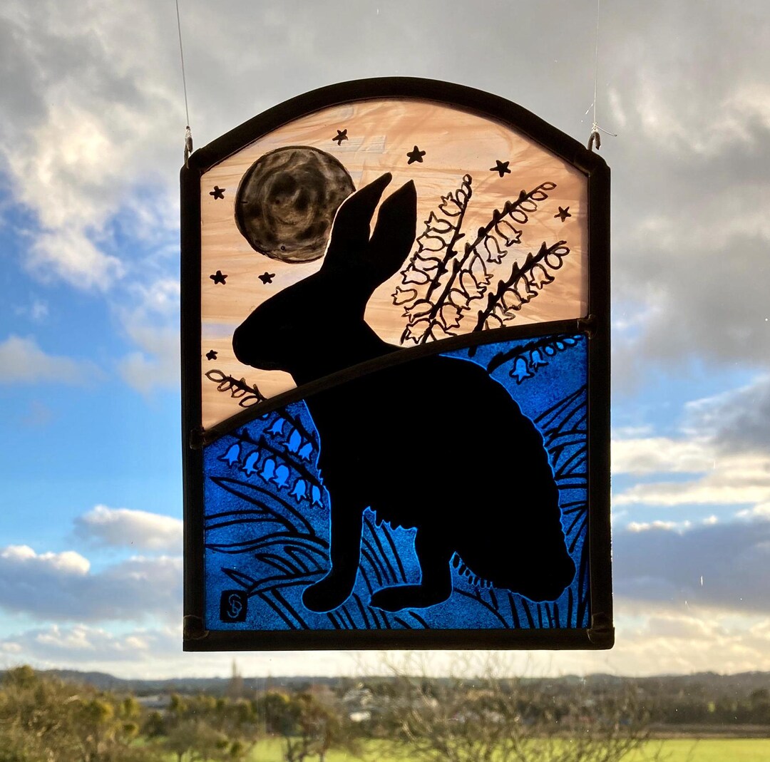 Stained Glass Hare in a Field of Bluebells. Moon and Stars. Arch Shaped ...