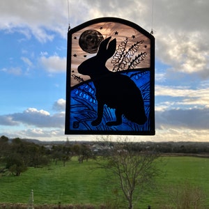 Stained Glass Hare in a Field of Bluebells. Moon and Stars. Arch Shaped ...