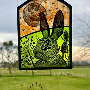 Painted Stained Glass Hare With Cow Parsley and Teasels. Streaky Glass ...