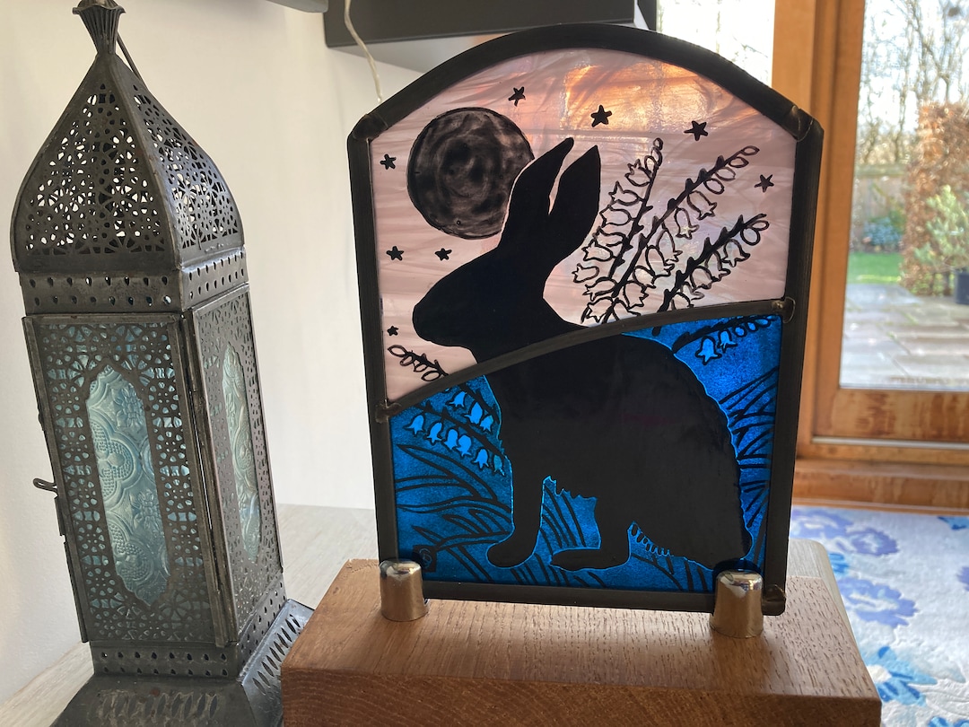 Stained Glass Hare in a Field of Bluebells. Moon and Stars. Arch Shaped ...