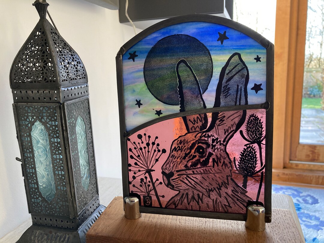 Stained Glass Hare With Moon and Stars. Fabulous Blue and Pink Streaky ...