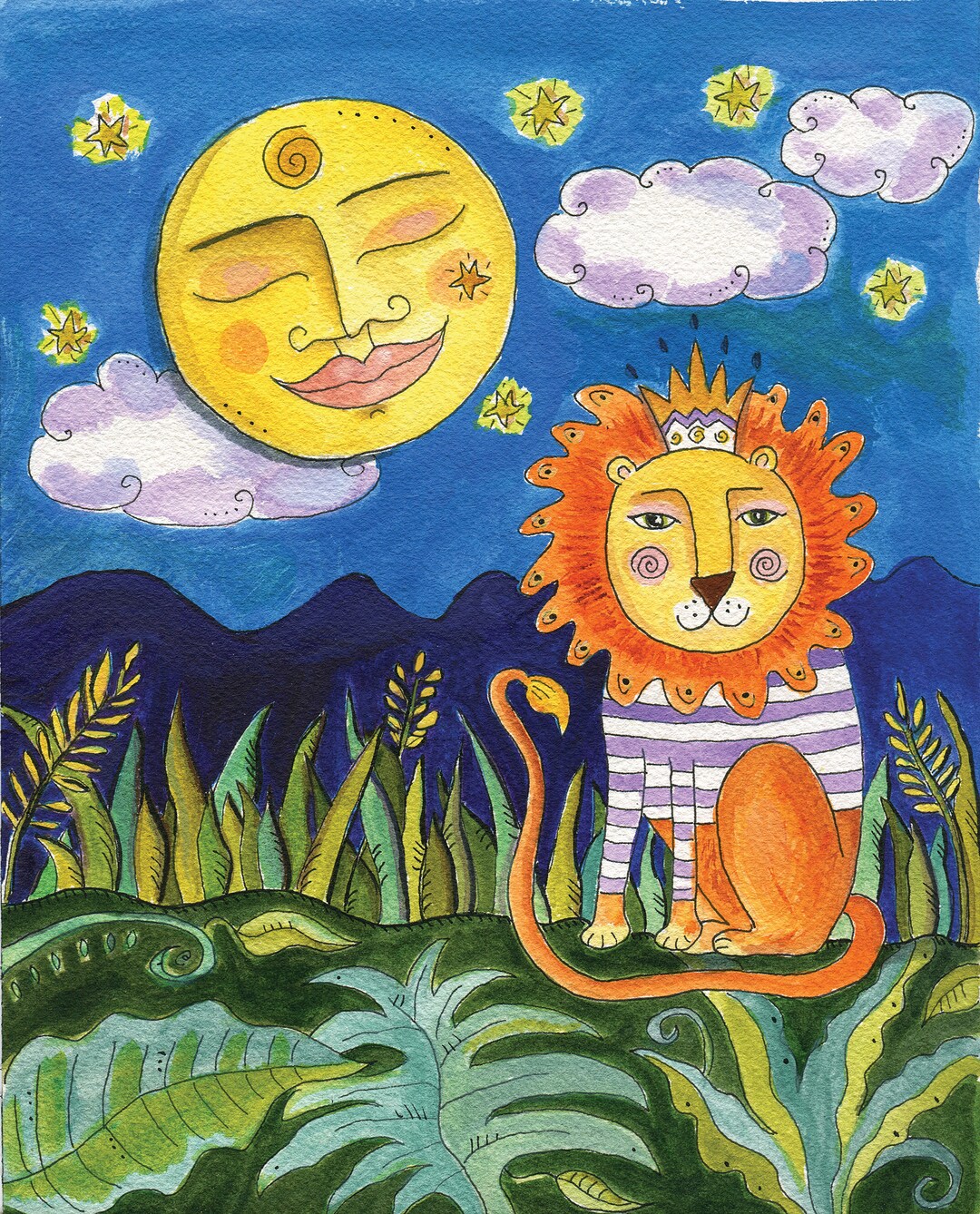 Lion and Moon Art Print for Kids Room and Nursery. Whimsical ...