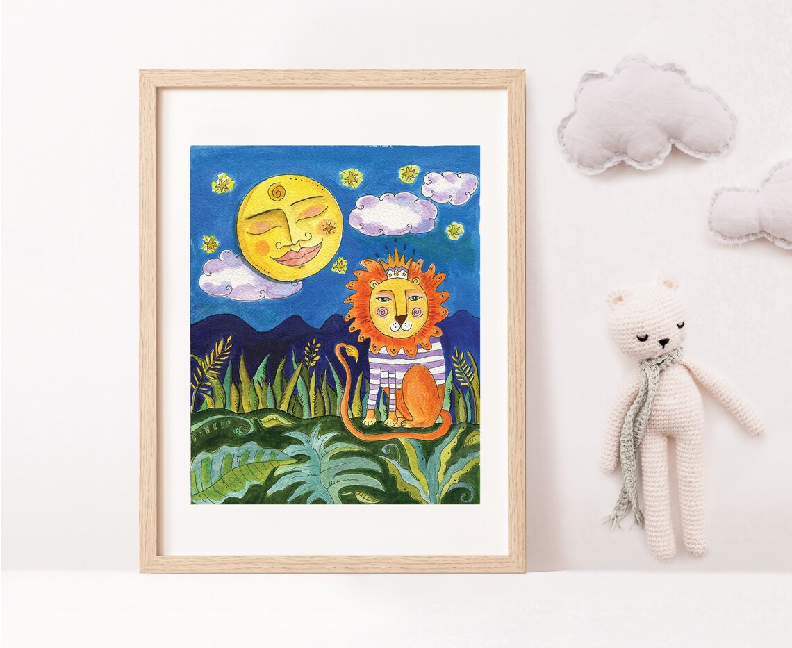 Lion and Moon Art Print for Kids Room and Nursery. Whimsical ...