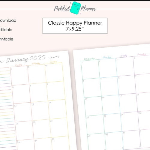Editable Classic Happy Planner Monthly Calendar Inserts - Etsy