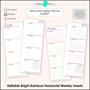 Editable Skinny Mini Bright Rainbow Undated, Horizontal Weekly Planner ...