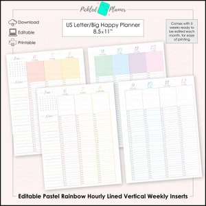 Editable Pastel Rainbow Hourly Lined Undated, Vertical Weekly Planner ...