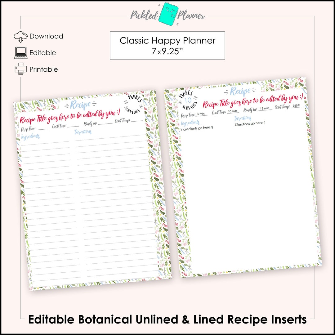 Editable Unlined & Lined Botanical Recipe Printable - 7x9.25" Classic ...